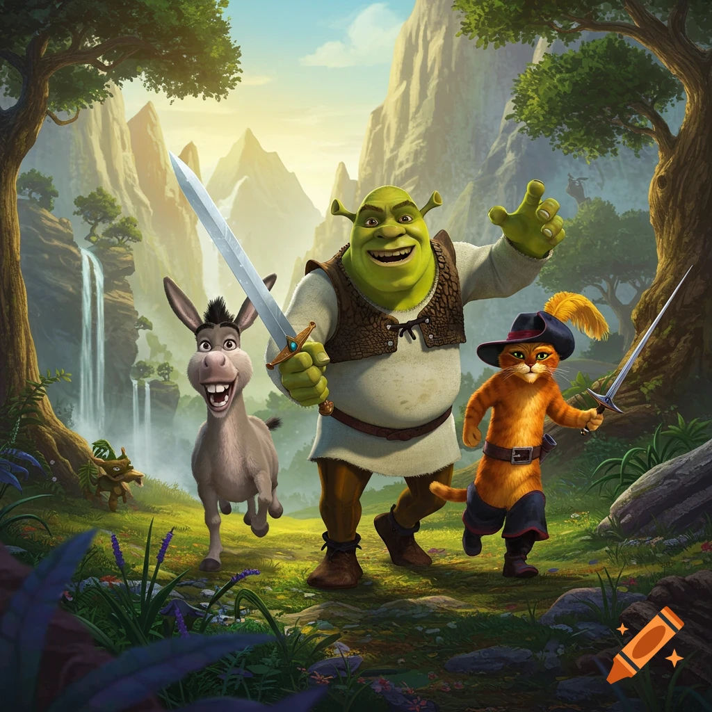 Shrek, Donkey, and Puss in Boots run through a fantasy forest landscape ...
