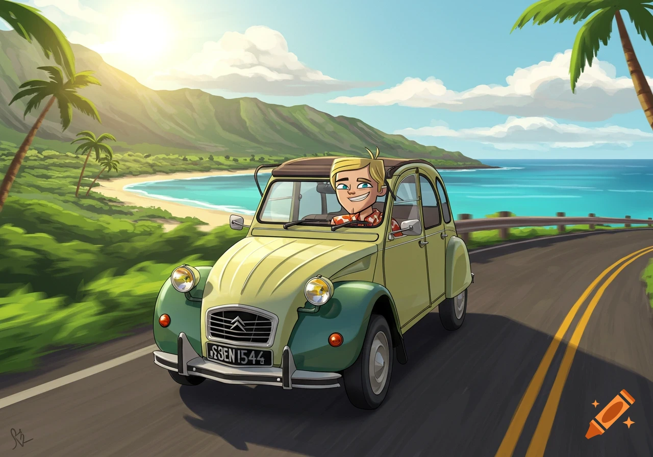 A cartoon character drives a light green Citroen on a sunny coastal road in a tropical landscape ...