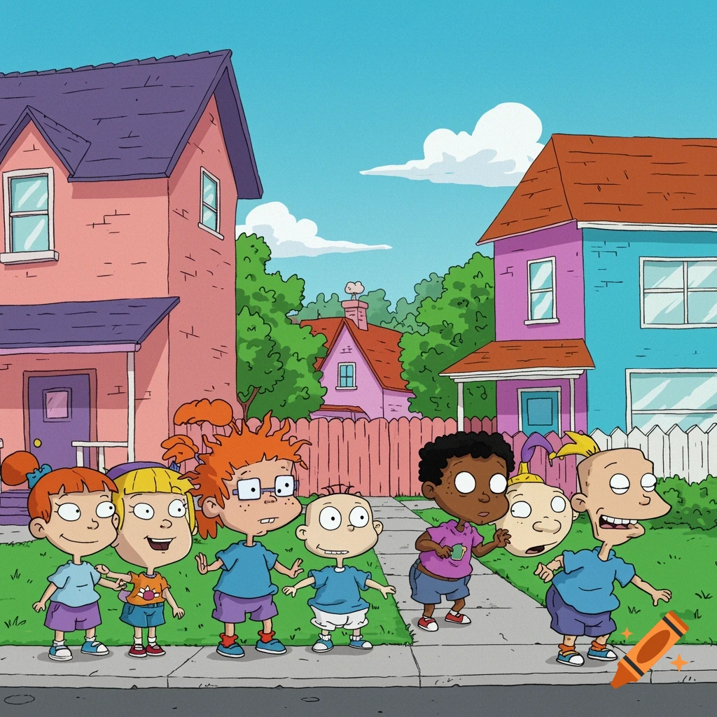 90s style cartoon of children resembling Rugrats walking on a sidewalk ...