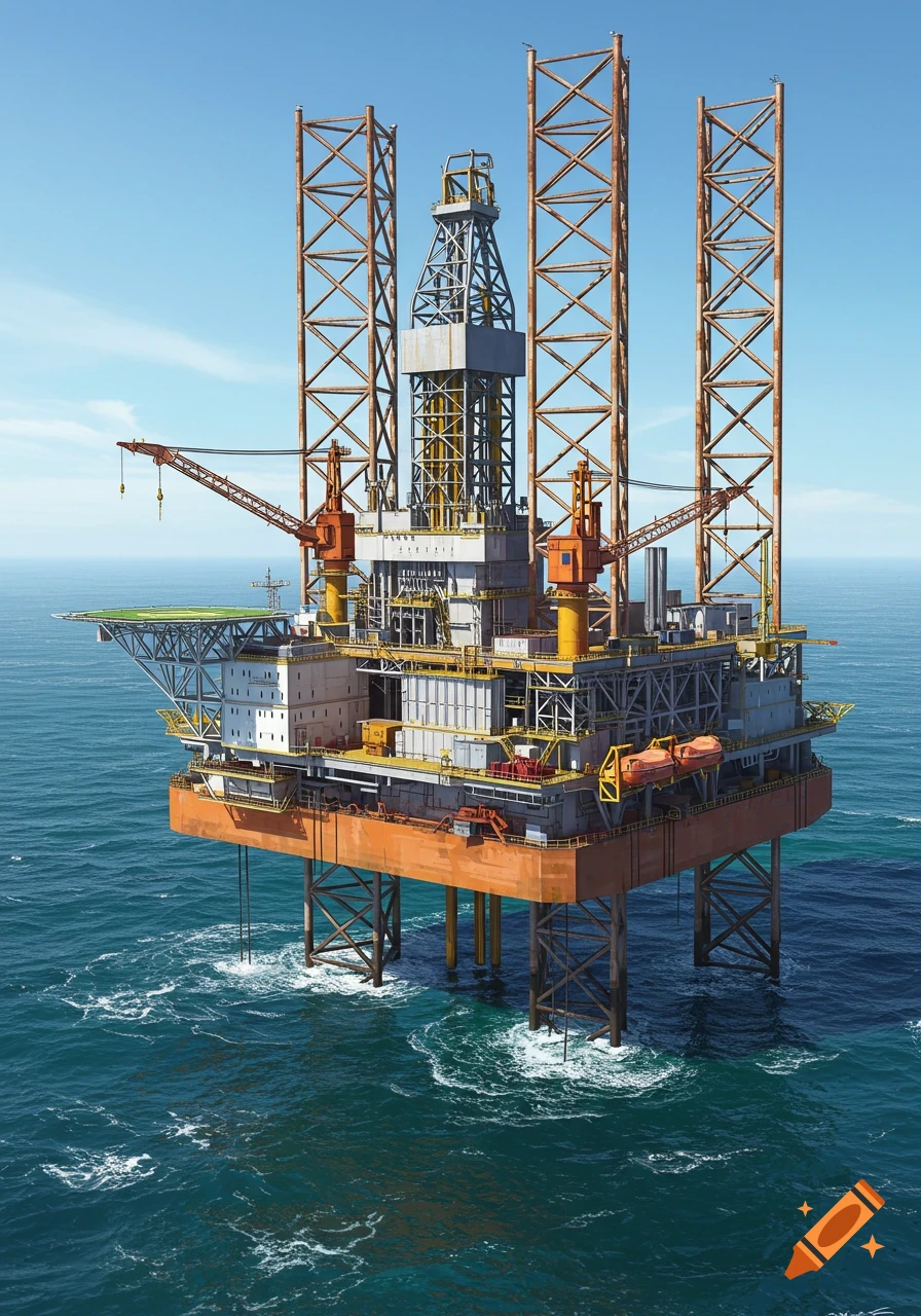 Oil drilling rig in the middle of the ocean under a clear blue sky. on ...