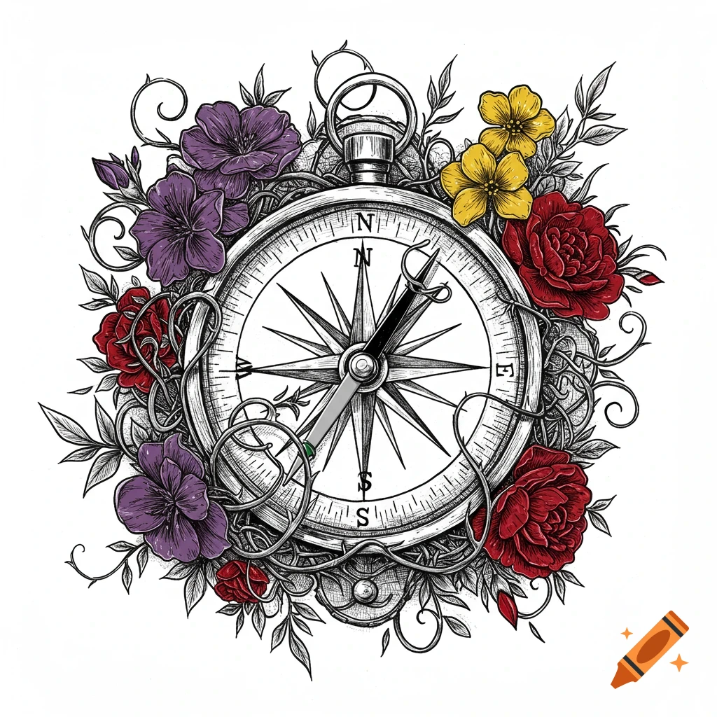 Sketch illustration of a compass surrounded by red, purple, and yellow ...