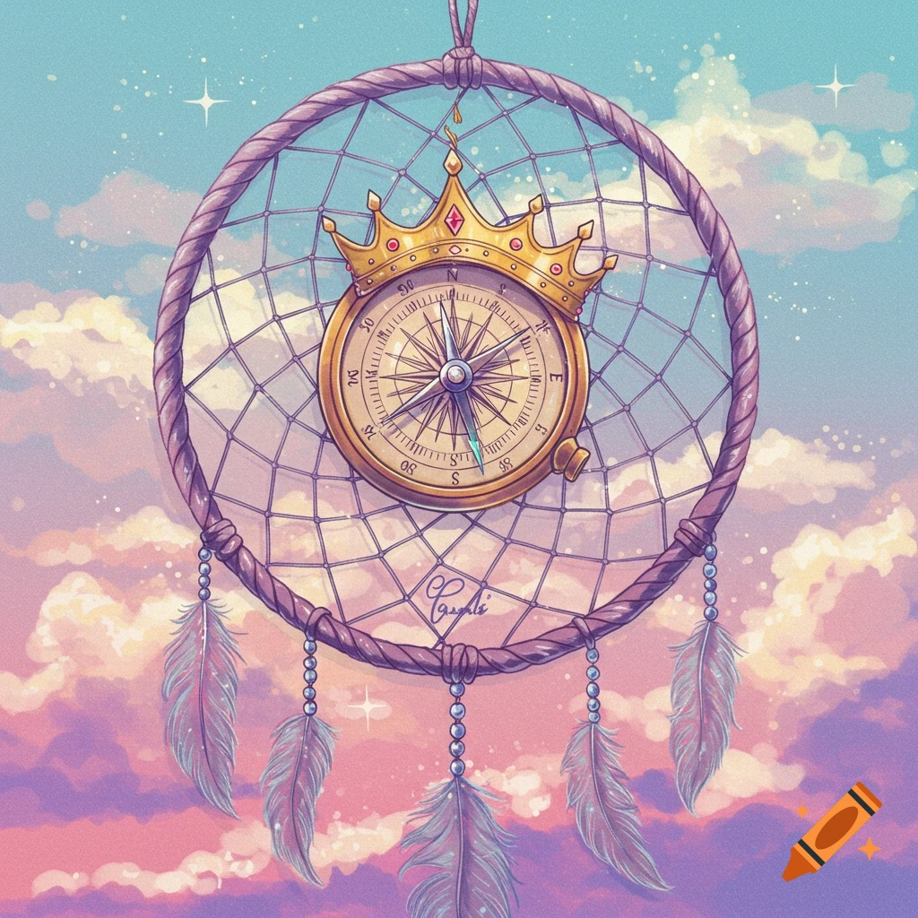 Illustration of a crowned compass inside a dreamcatcher with feathers ...