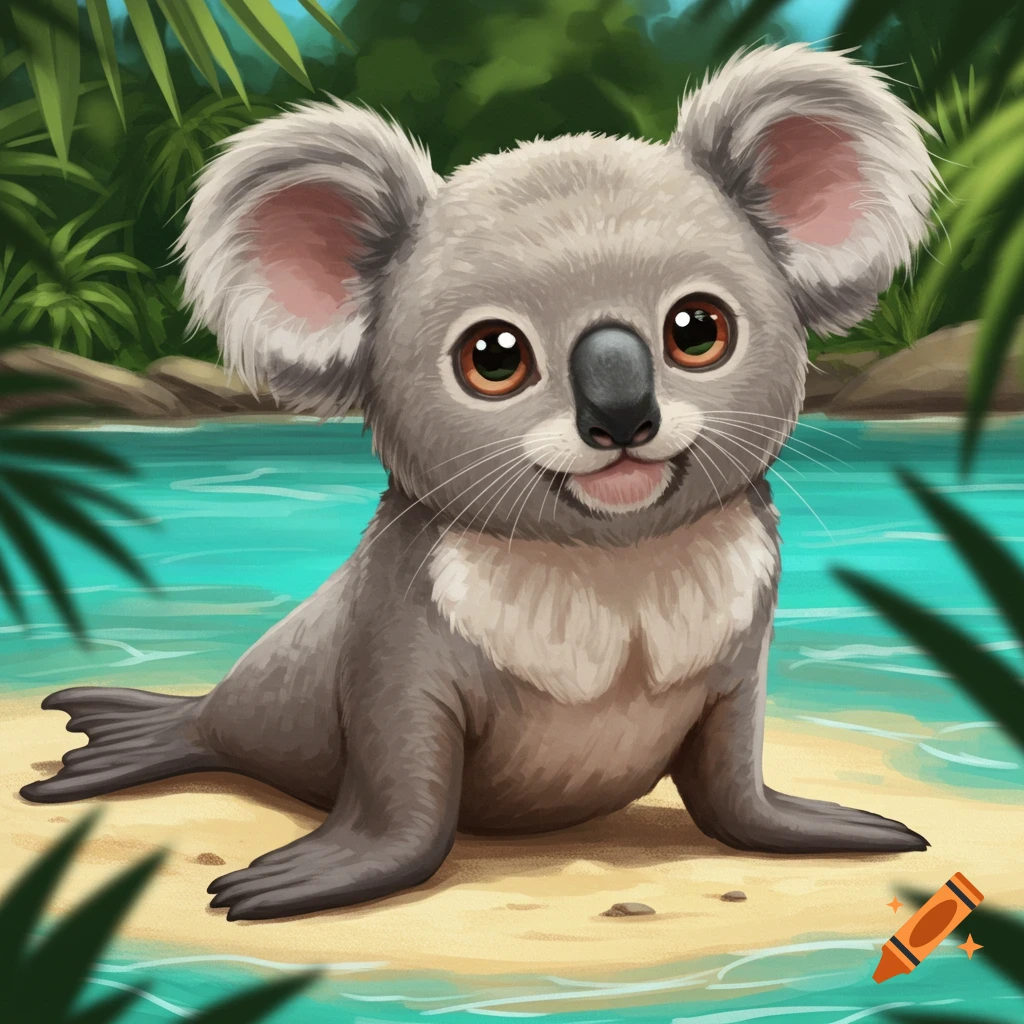 A cute koala and seal hybrid sits on a sandy beach. on Craiyon