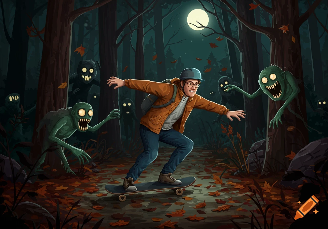 Man on skateboard chased by cartoon monsters in dark forest ...