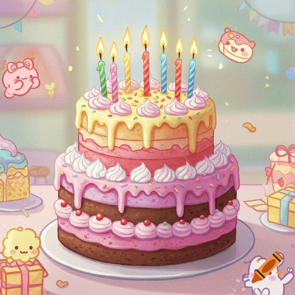 A colorful, multi-tiered birthday cake with candles and sprinkles ...