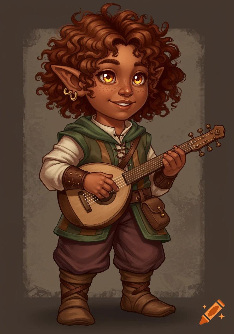 A small fantasy character with curly hair and pointed ears plays a lute ...