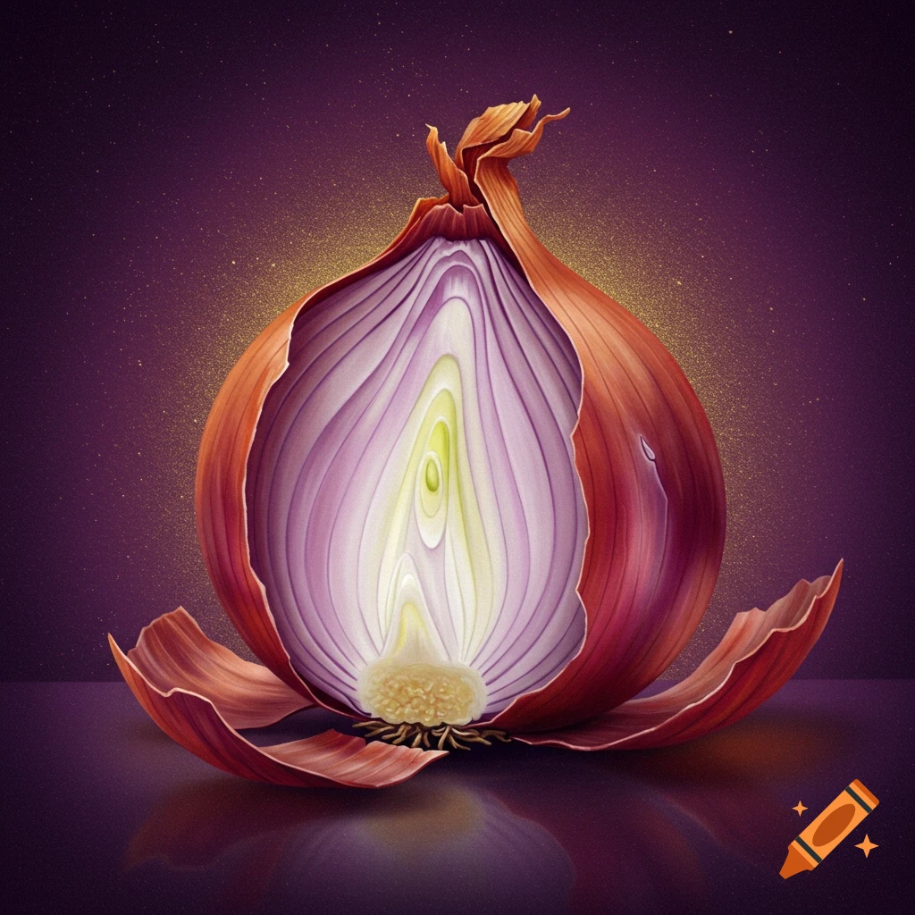 A cross-section of a red onion on a table, peeled back, with a dark ...