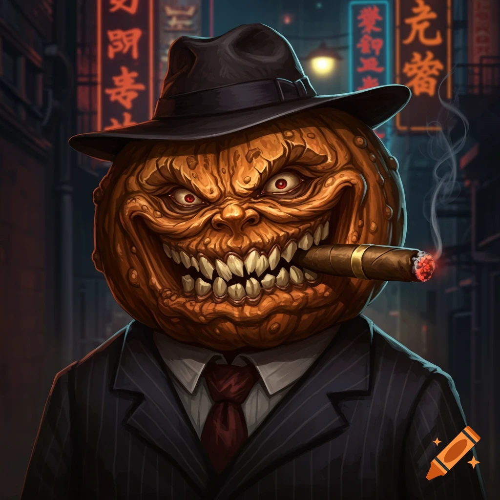 Creepy pumpkin creature in a suit and hat smoking a cigar in front of ...