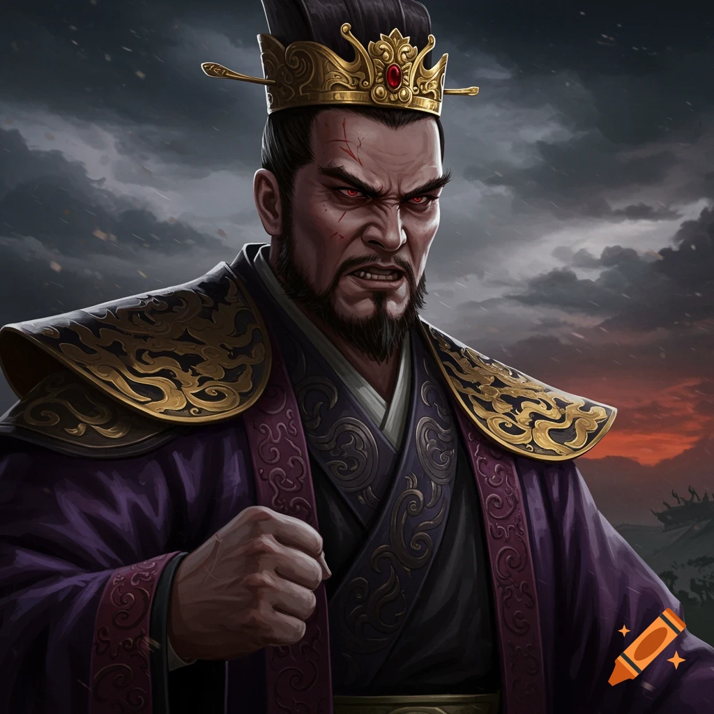 An angry emperor in purple robes and golden crown with red eyes, set ...