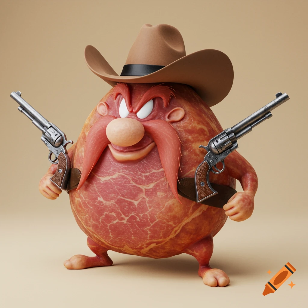 Render of Yosemite Sam made of ham wearing a cowboy hat and holding two revolvers on Craiyon