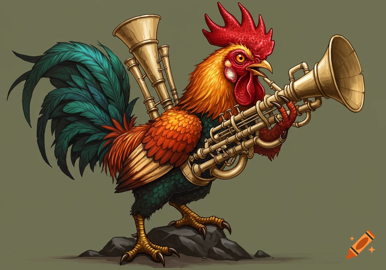 Illustration of a rooster playing a musical instrument, standing on ...