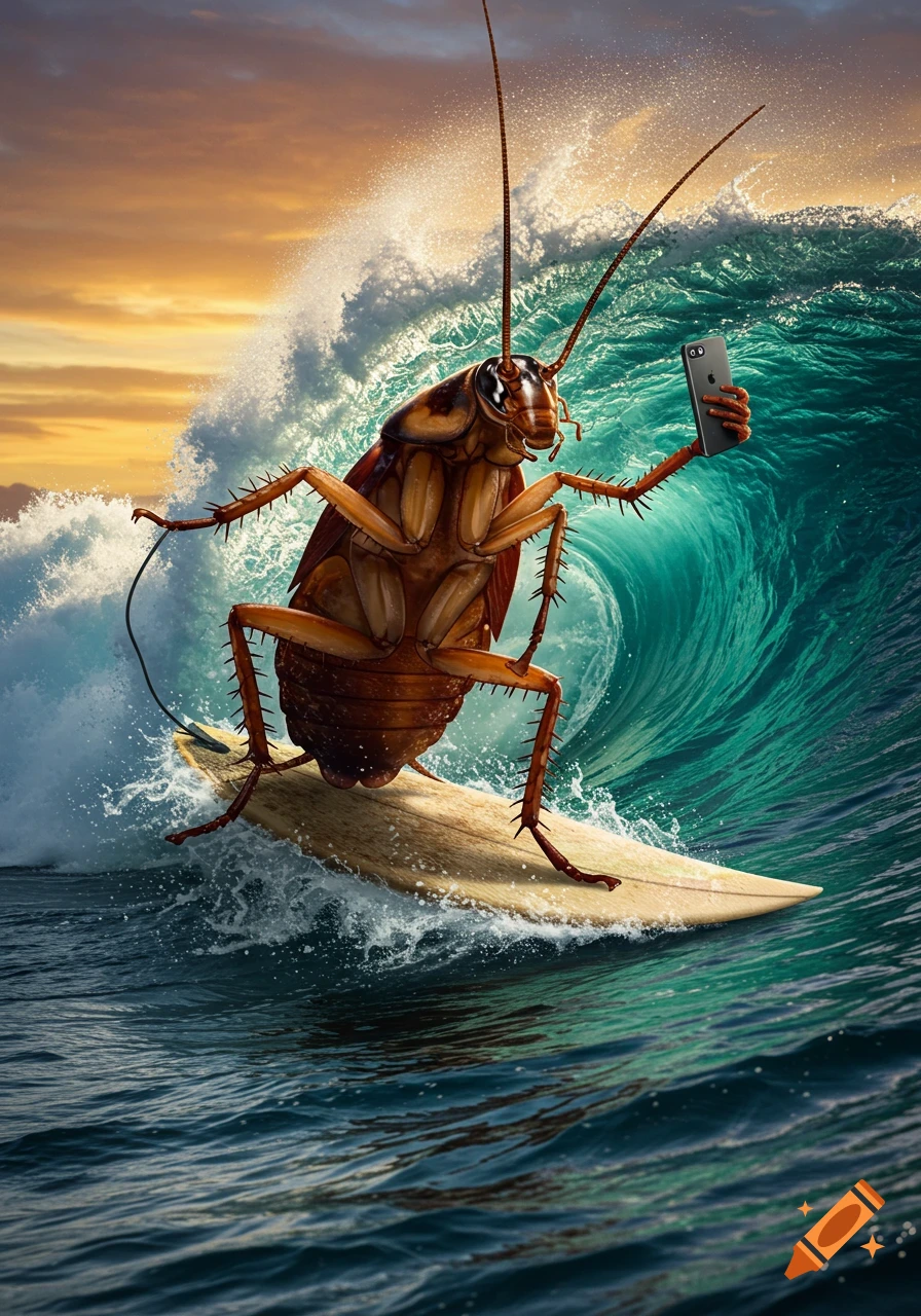 Realistic cockroach surfs a wave and takes a selfie with a phone. on ...