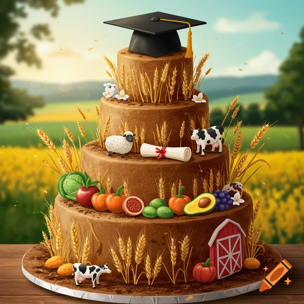 A multi-tiered graduation cake decorated with wheat, farm animals ...
