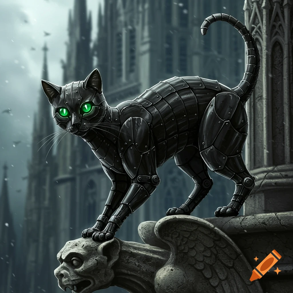 Metallic cat with glowing green eyes stands on a gargoyle in front of a ...