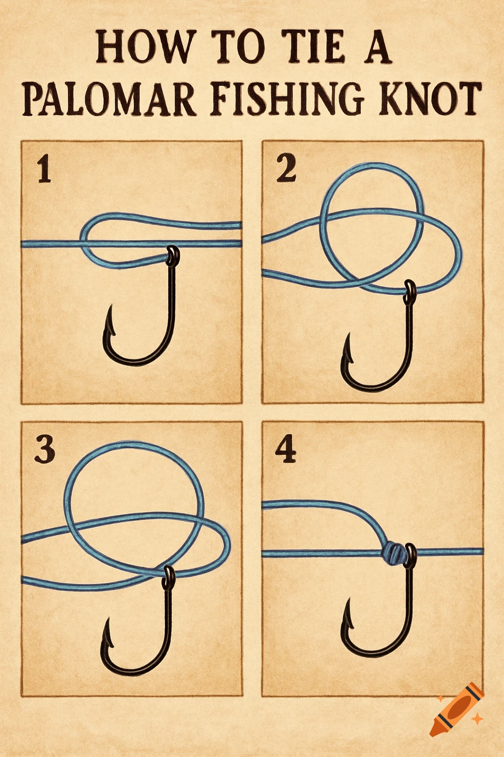 Diagram showing four steps to tie a Palomar fishing knot. on Craiyon