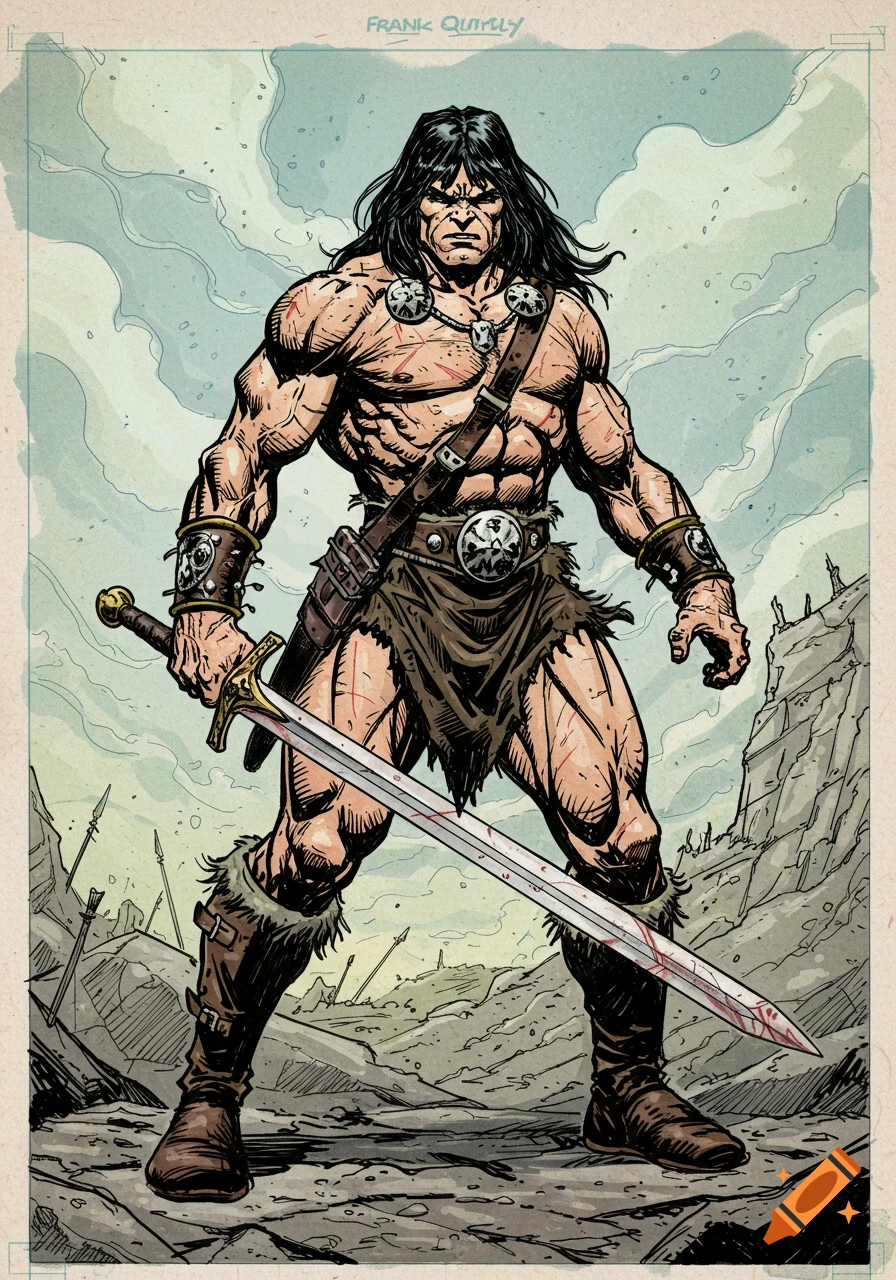 Comic art of Conan the Barbarian holding a bloody sword in a rocky landscape. on Craiyon