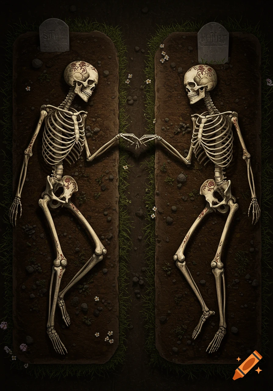 Two skeletons laying in graves reach out to hold hands, forming a heart ...