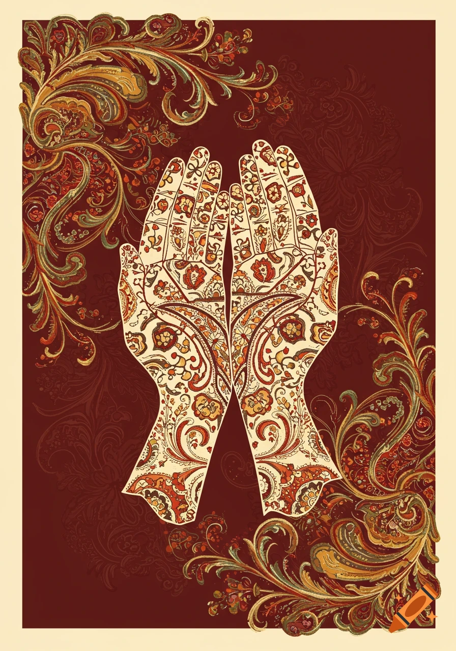Stylized hands with intricate traditional patterns and paisley motifs ...