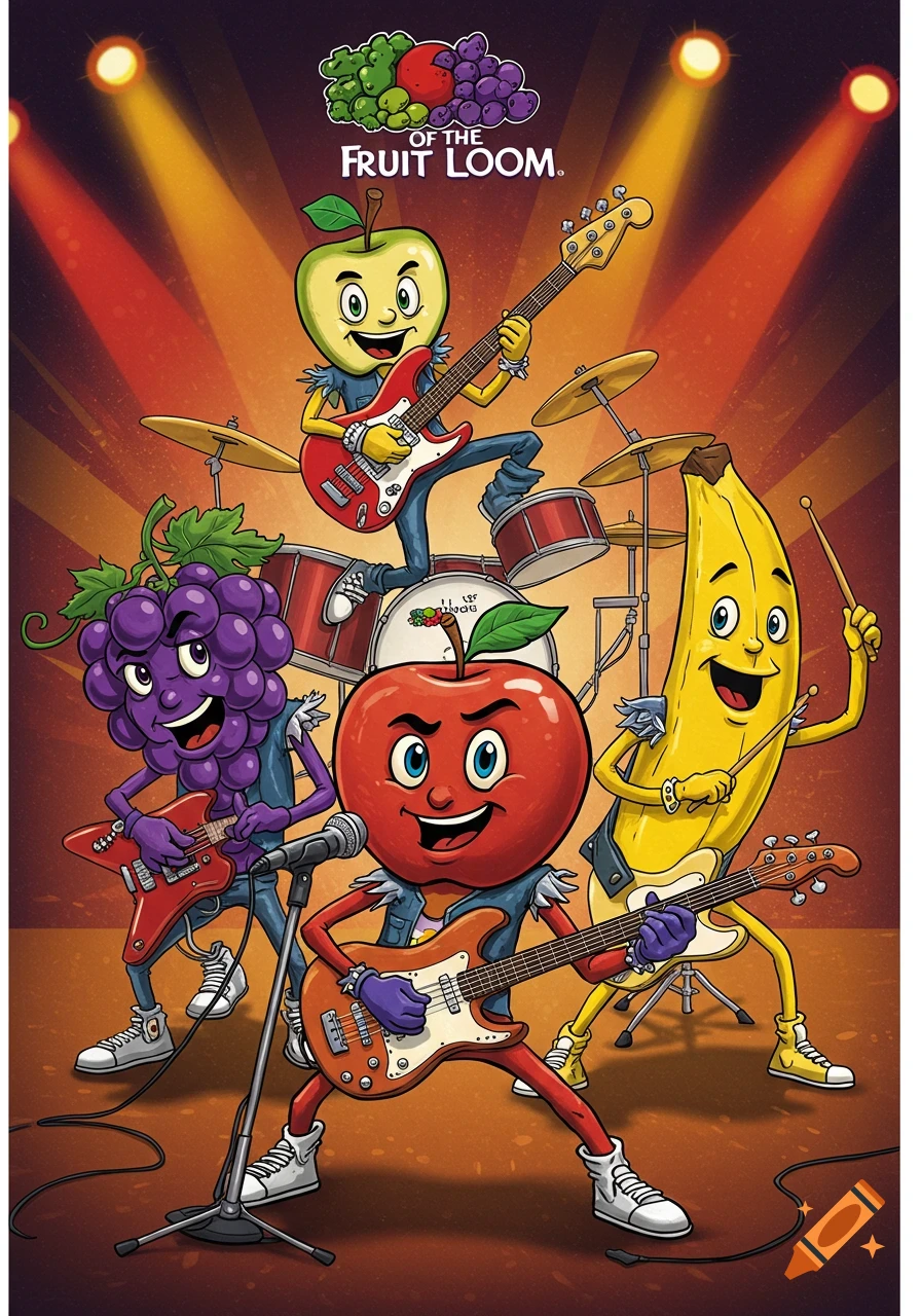 Cartoon fruit characters, including apples, grapes, and a banana, play ...