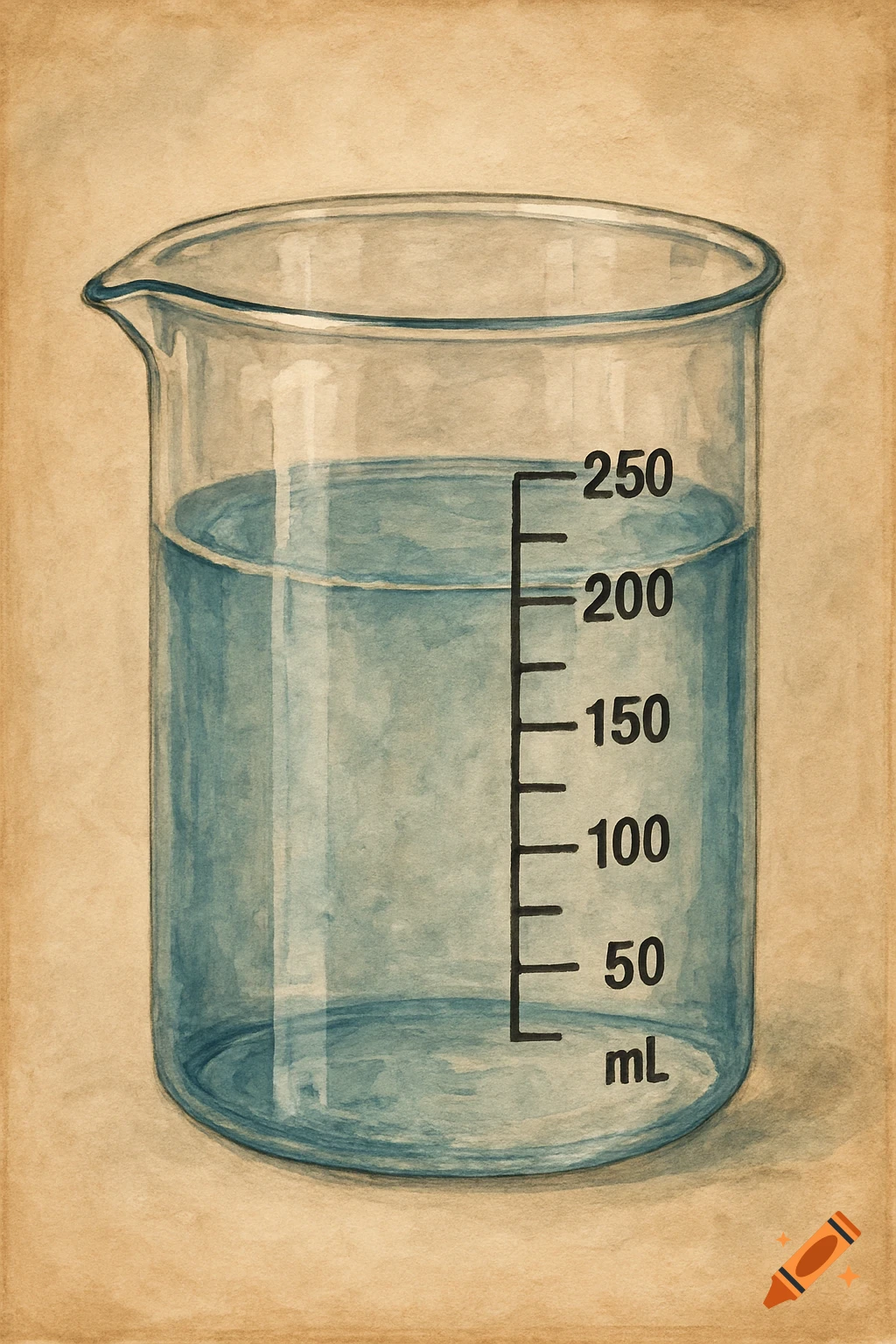 Watercolor illustration of a beaker with water and measurements. on Craiyon
