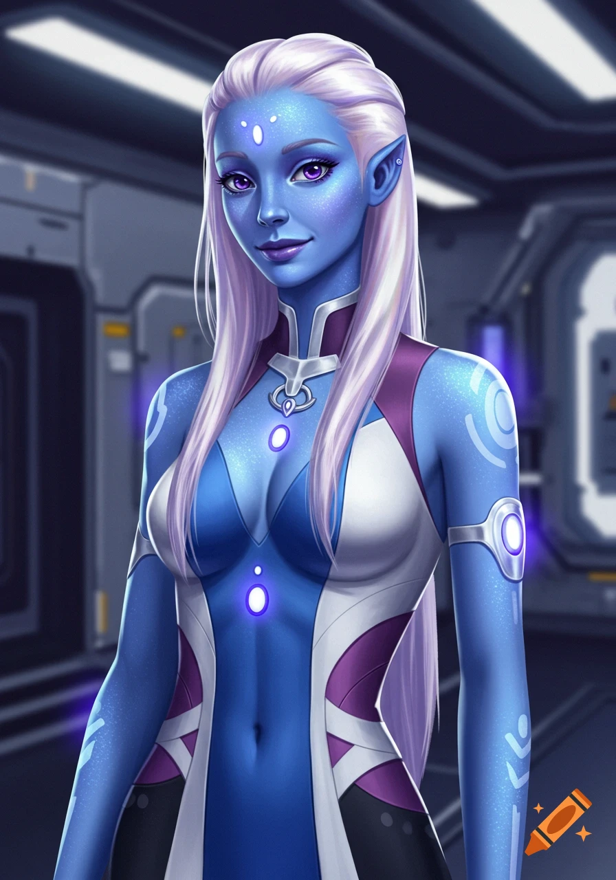 Digital art of a blue-skinned alien woman in a futuristic suit. on Craiyon