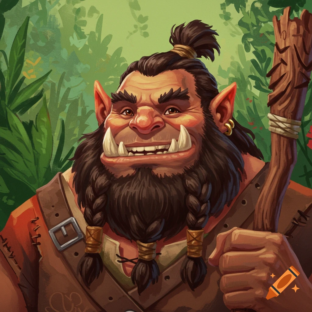 Portrait of a friendly orc with a beard, holding a staff in a forest ...