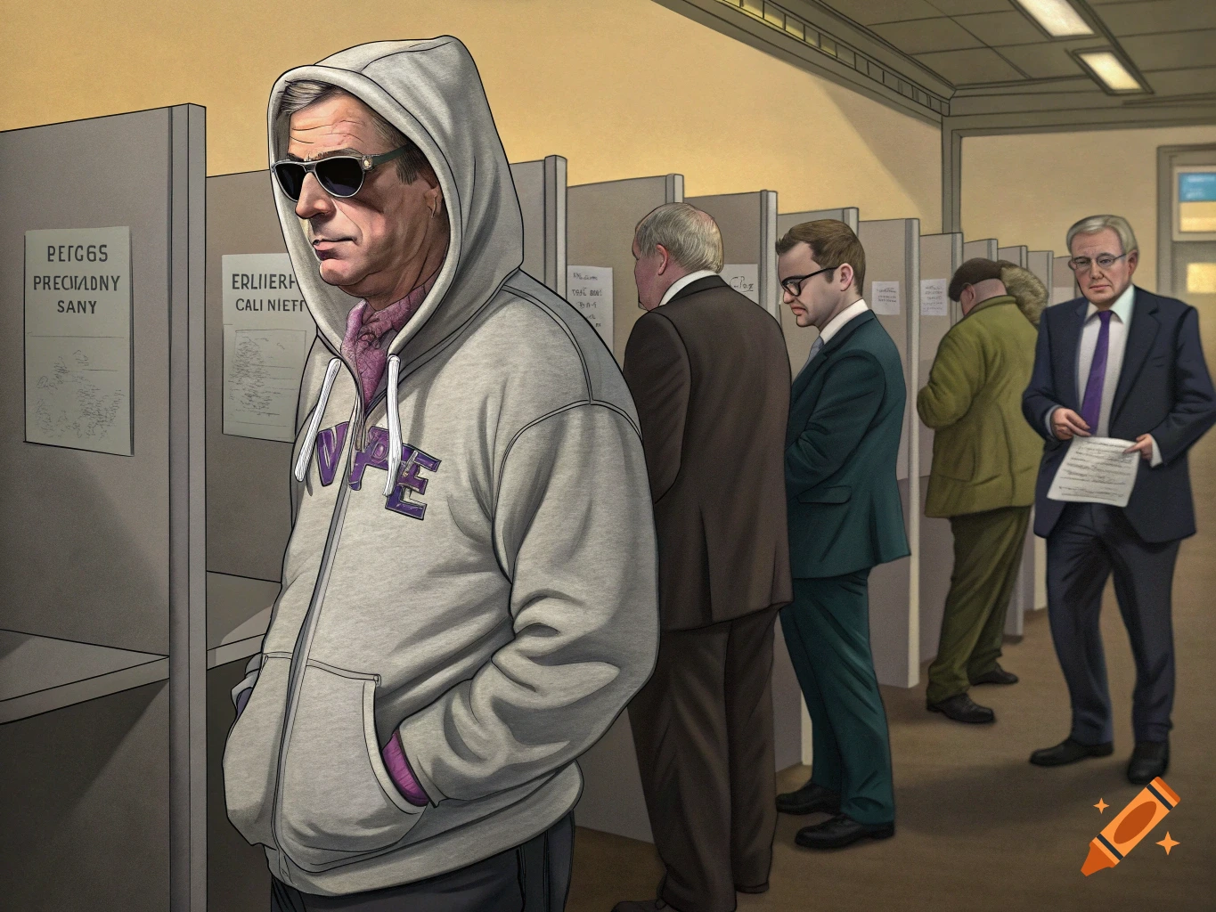 Illustration of a man in a hoodie and sunglasses queuing at a polling ...