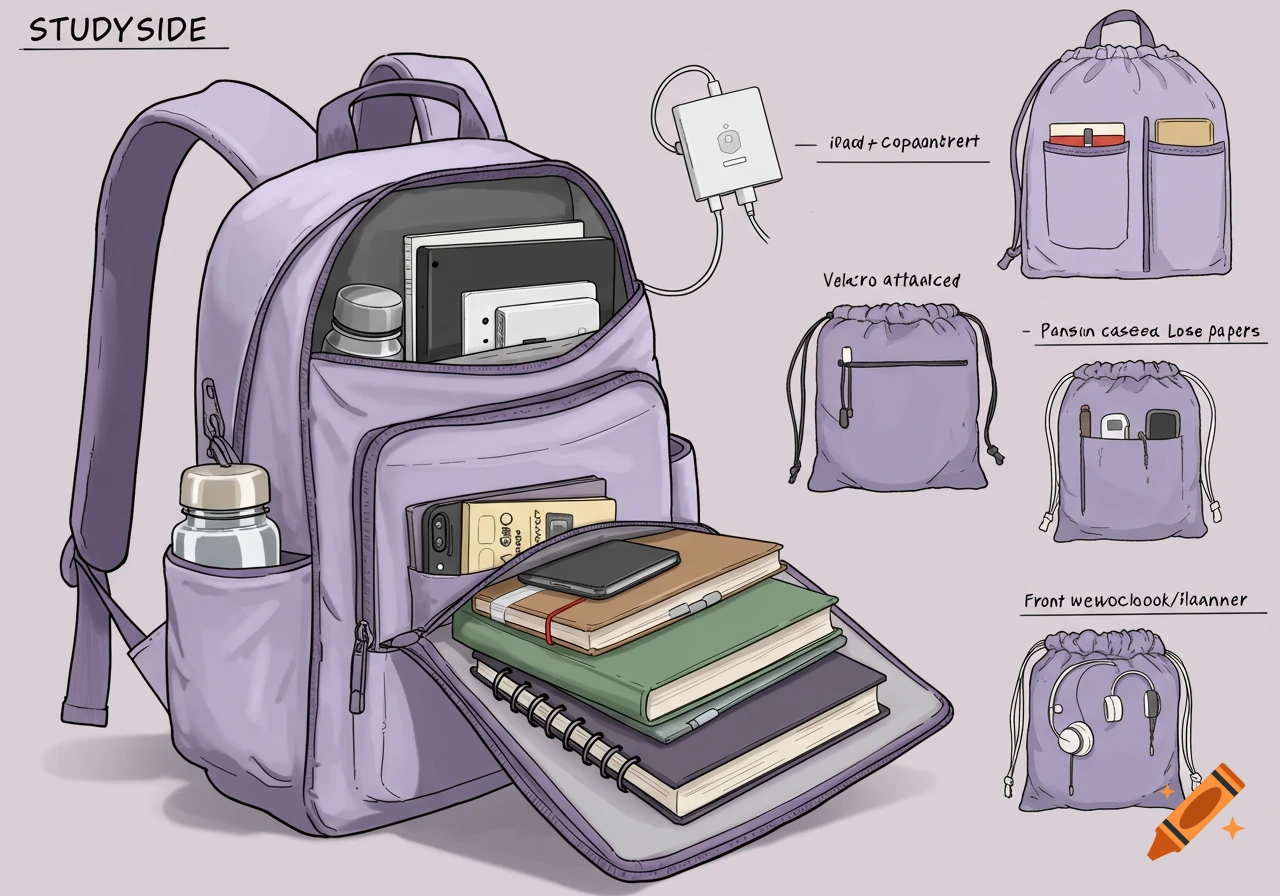 Concept drawing of a purple backpack showing interior and exterior ...