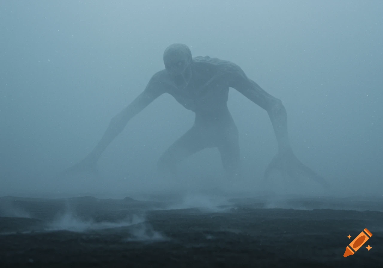 A large, gaunt monster with long arms stands in thick fog over choppy ...