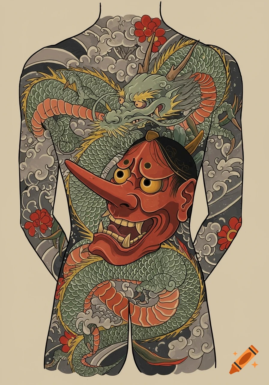 A Japanese back tattoo featuring a green dragon and a red Tengu mask ...