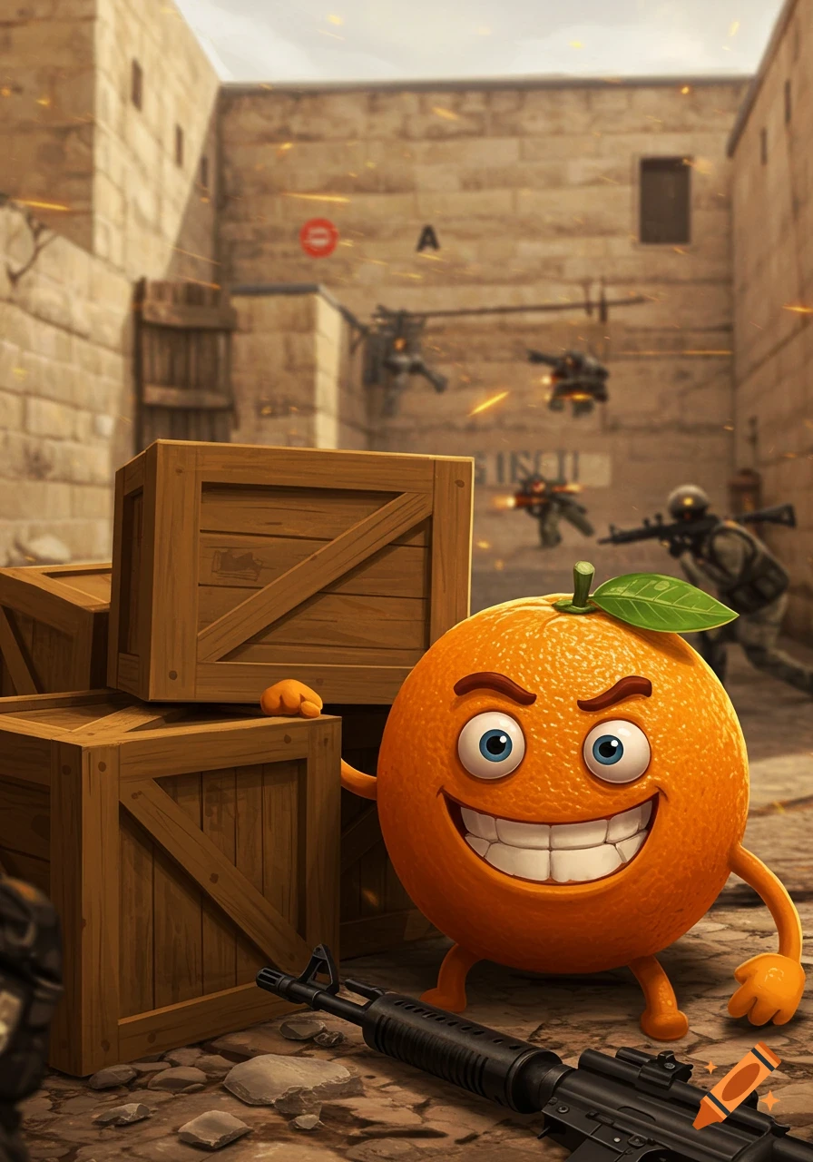 Cartoon orange character smiling behind crates in a Counter-Strike map ...
