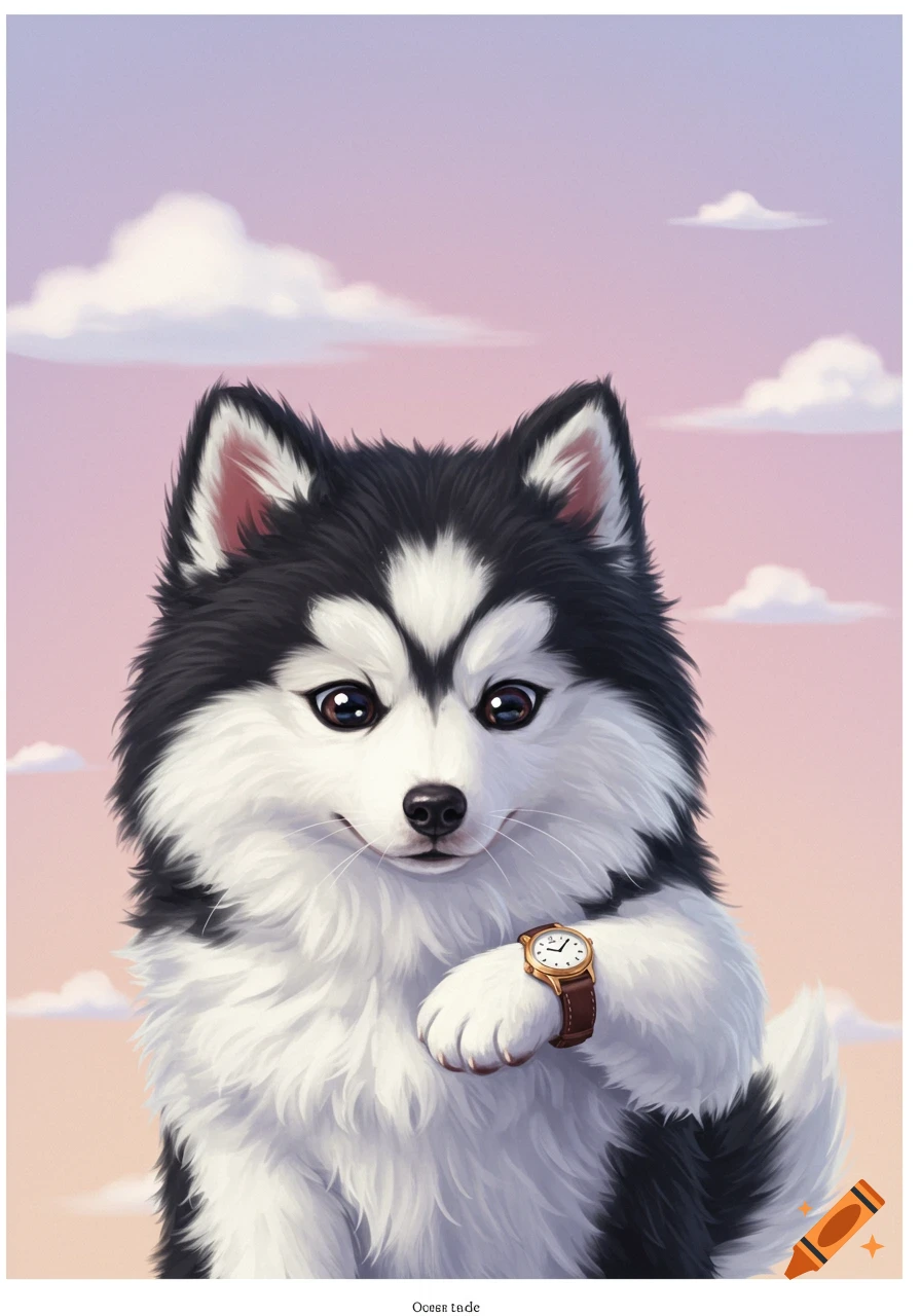 A cute husky puppy wearing a watch on its paw against a cloudy sky. on ...