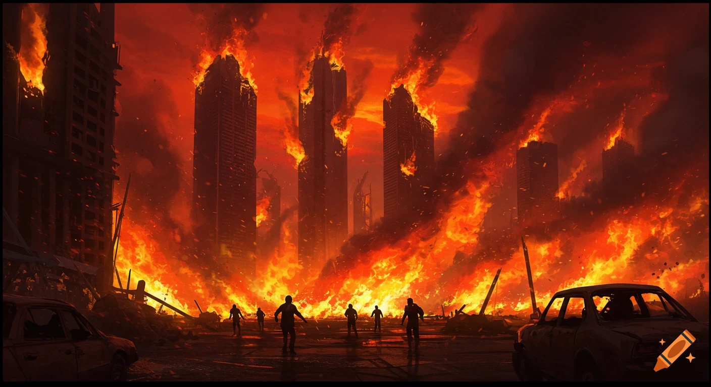 Dystopian scene of a burning city with skyscrapers engulfed in flames ...