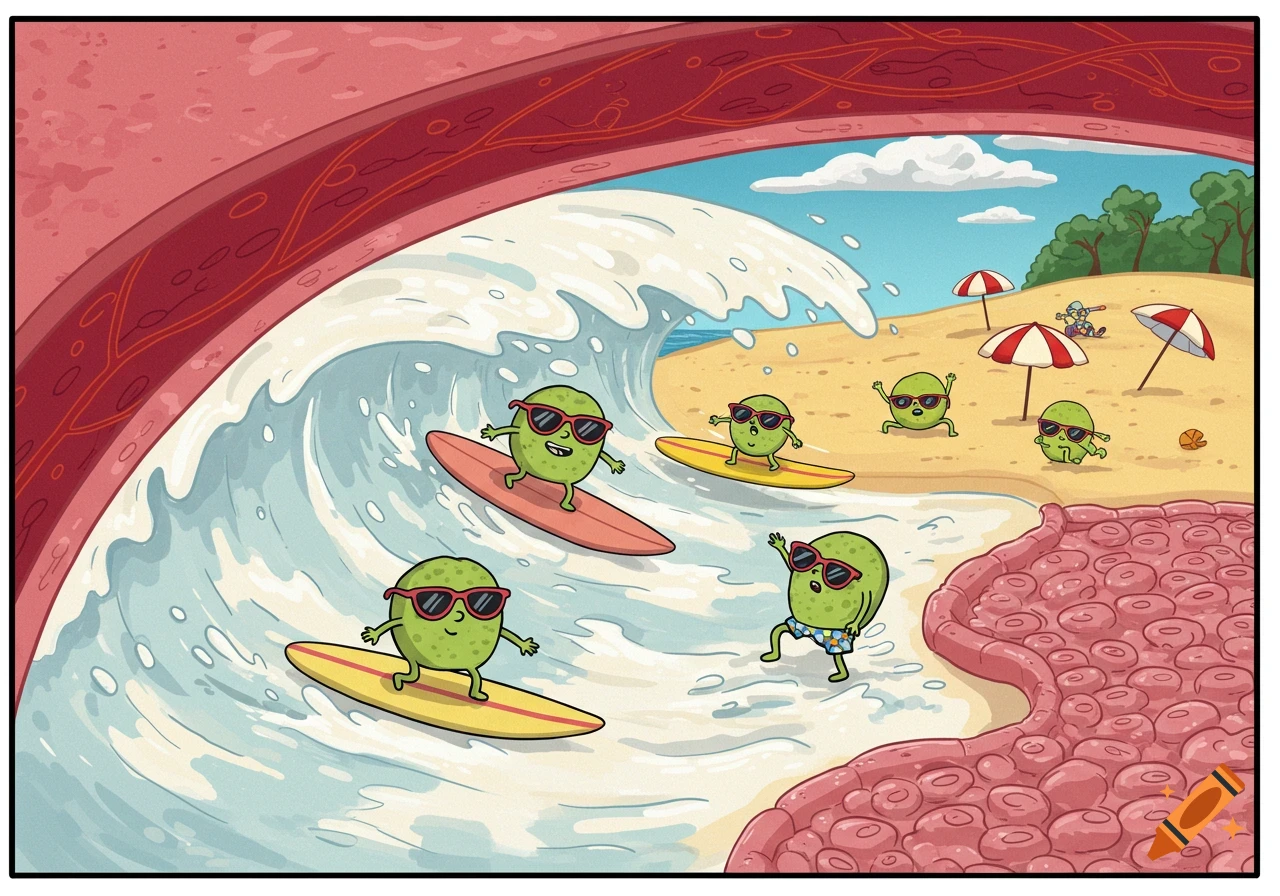 Cartoon chylomicrons wearing sunglasses surf on a milky wave near a ...