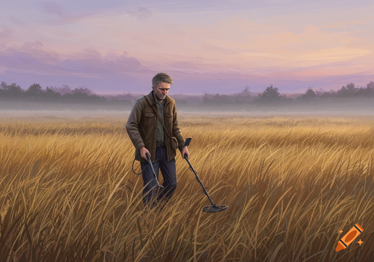 A man with a metal detector walks through a field of tall grass at ...