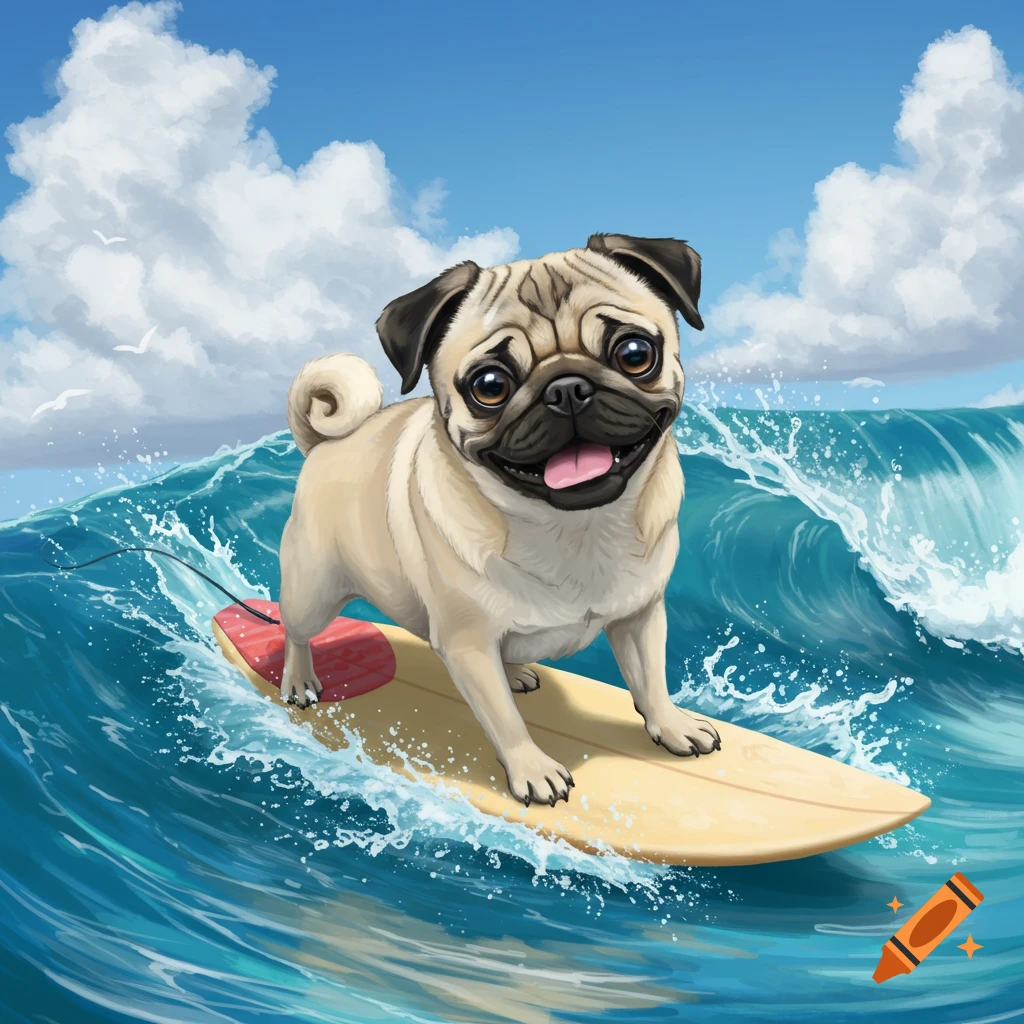 An illustration of a cute pug dog surfing on a large wave. on Craiyon