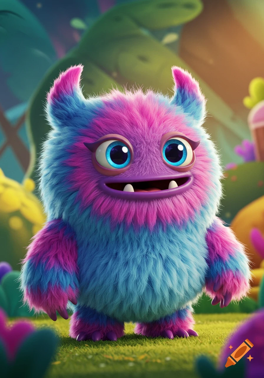 A fuzzy blue and pink cartoon monster with big blue eyes stands in ...