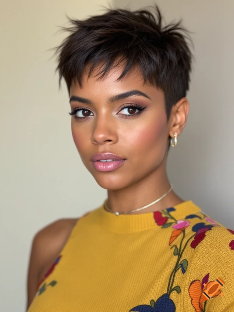 Close-up portrait of a woman with a pixie haircut wearing a yellow floral top. on Craiyon