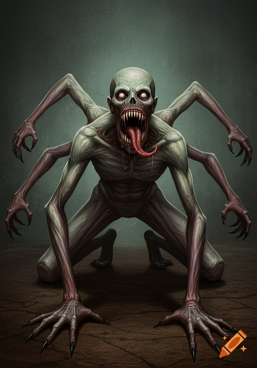 A terrifying humanoid creature with multiple arms, sharp teeth, a long ...