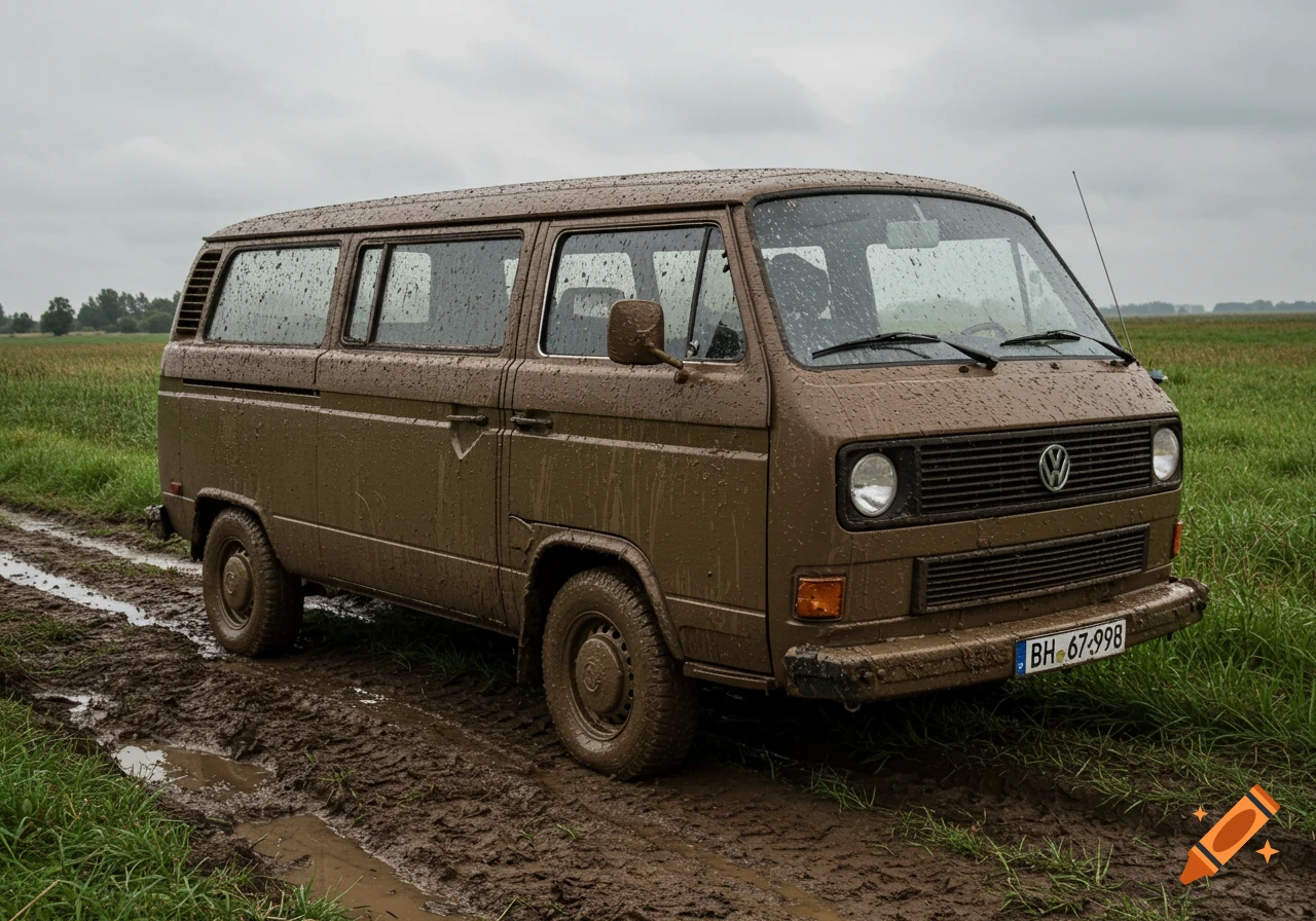 A muddy brown VW van parked on a dirt track in a field. on Craiyon