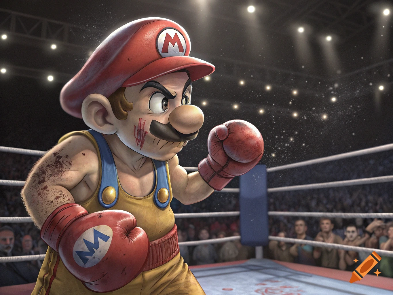 Realistic illustration of bruised Mario in boxing gloves in a boxing ...