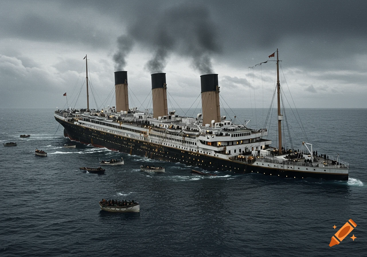 Large ocean liner sinking with lifeboats in the ocean under a cloudy ...