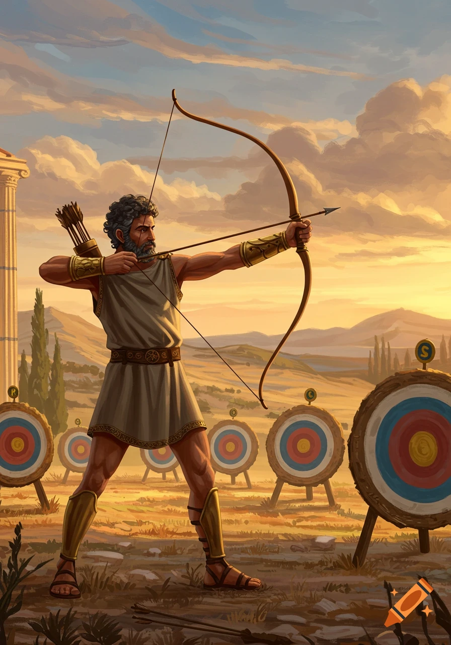 Odysseus shooting a bow and arrow at targets in an ancient landscape ...
