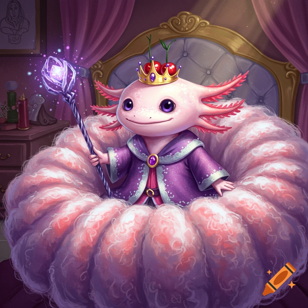 A cute pink axolotl wearing a crown and robe sits on a fluffy throne ...
