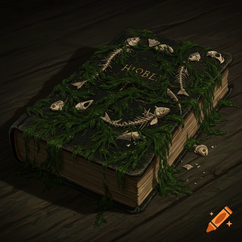 An old leather book covered in seaweed and fishbones on a wooden table ...