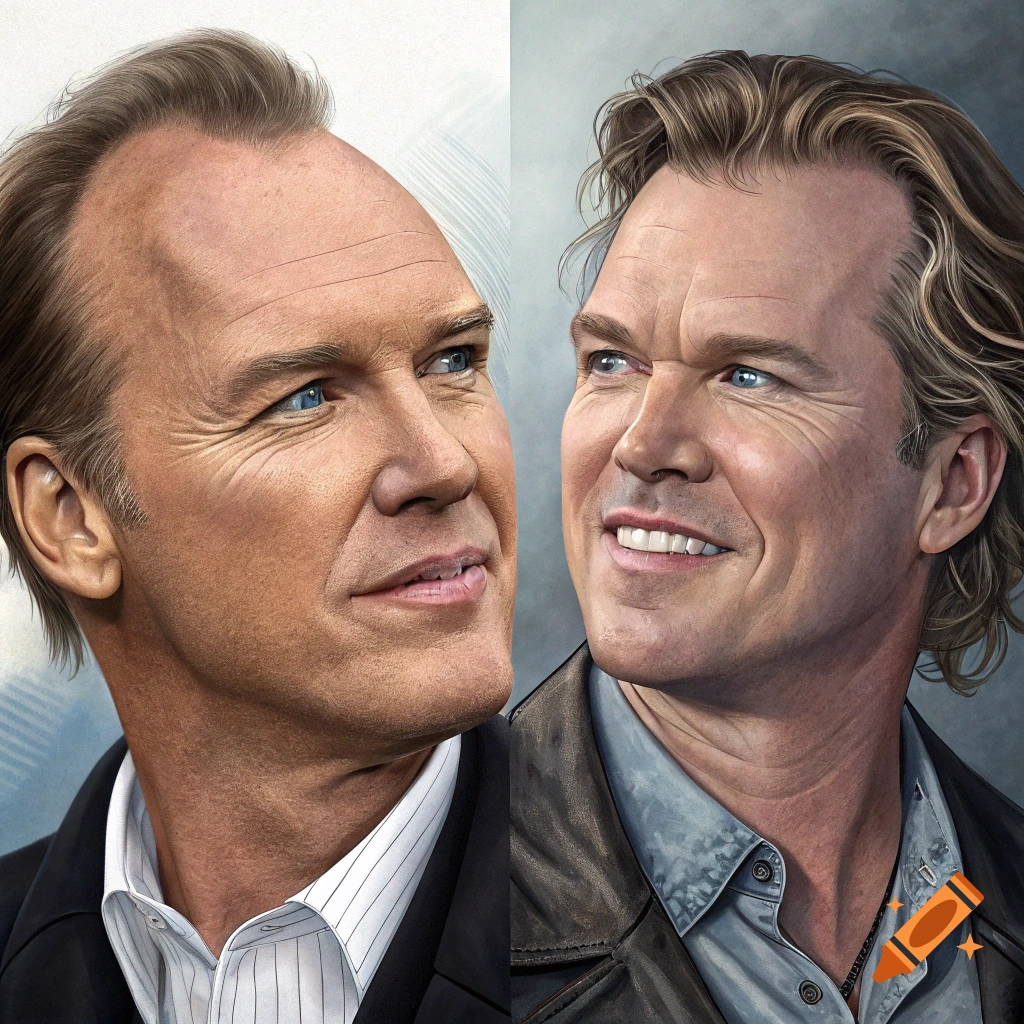 Illustrative portrait showing a blend of two men's faces: one in a suit ...