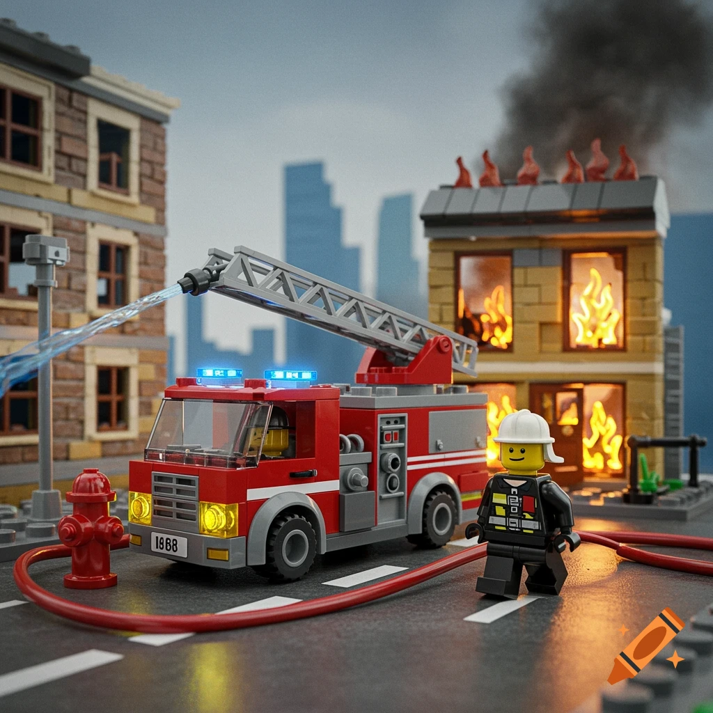 A realistic LEGO scene of a fire truck spraying water on a burning ...