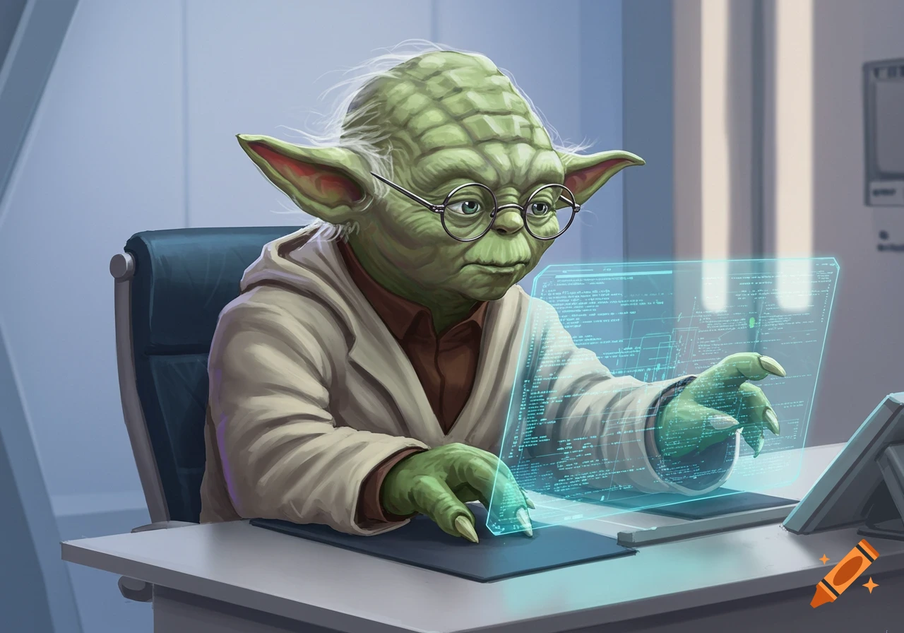 Yoda sits at a desk, wearing glasses and a lab coat, interacting with a ...