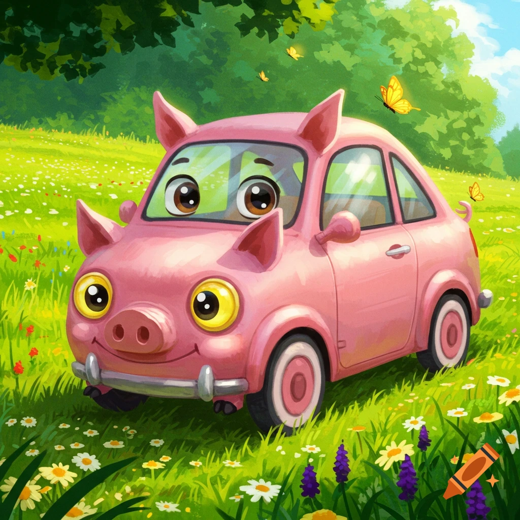 A pink cartoon car designed like a pig drives through a field with ...