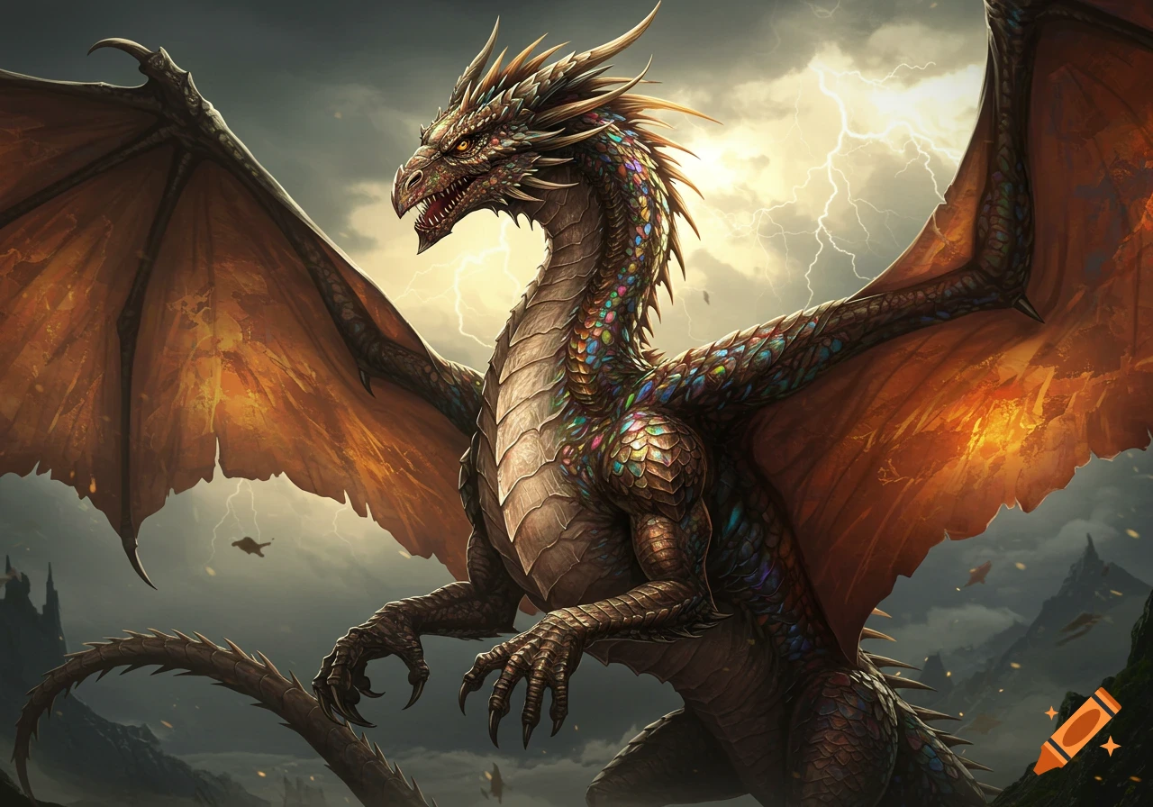 A hyper realistic dragon with spread wings in a stormy sky with ...